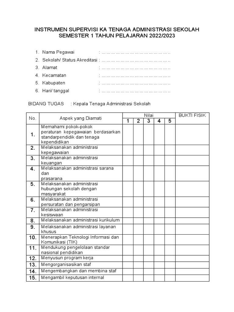 Instrumen Supervisi Tenaga Kependidikan | PDF