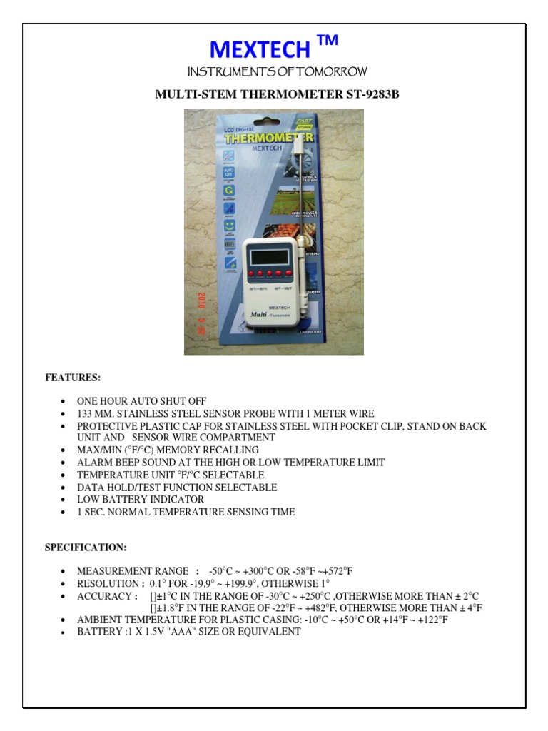 Mextech Brand Multi Stem Thermometer Model No 9283b | PDF