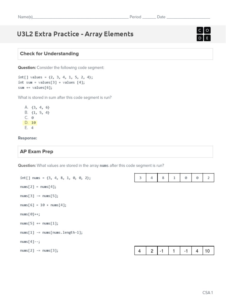CSA U3L2 Extra Practice | Download Free PDF | Array Data Structure | Computer Engineering