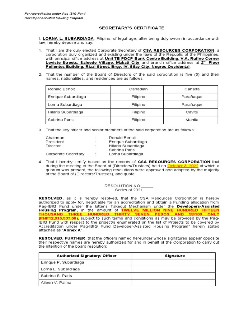 Secretary's Certificate-CSA | PDF | Notary Public | Justice