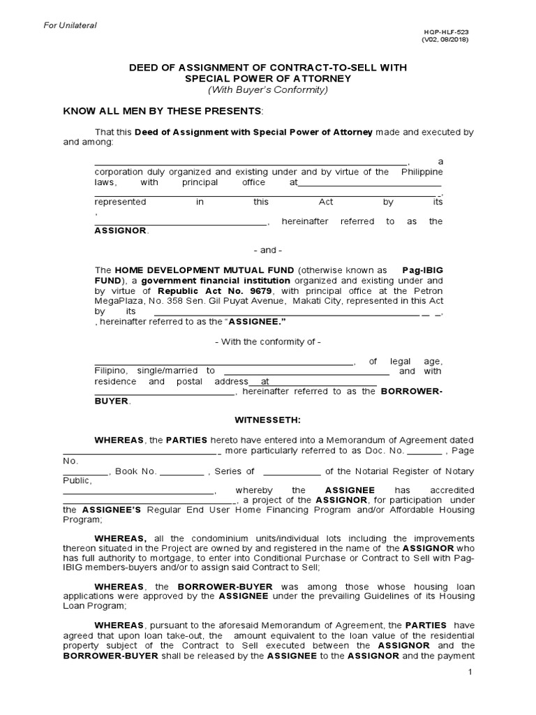 HLF523 DeedAssignmentCTSSPAUnilateral V02 | PDF | Assignment (Law) | Deed
