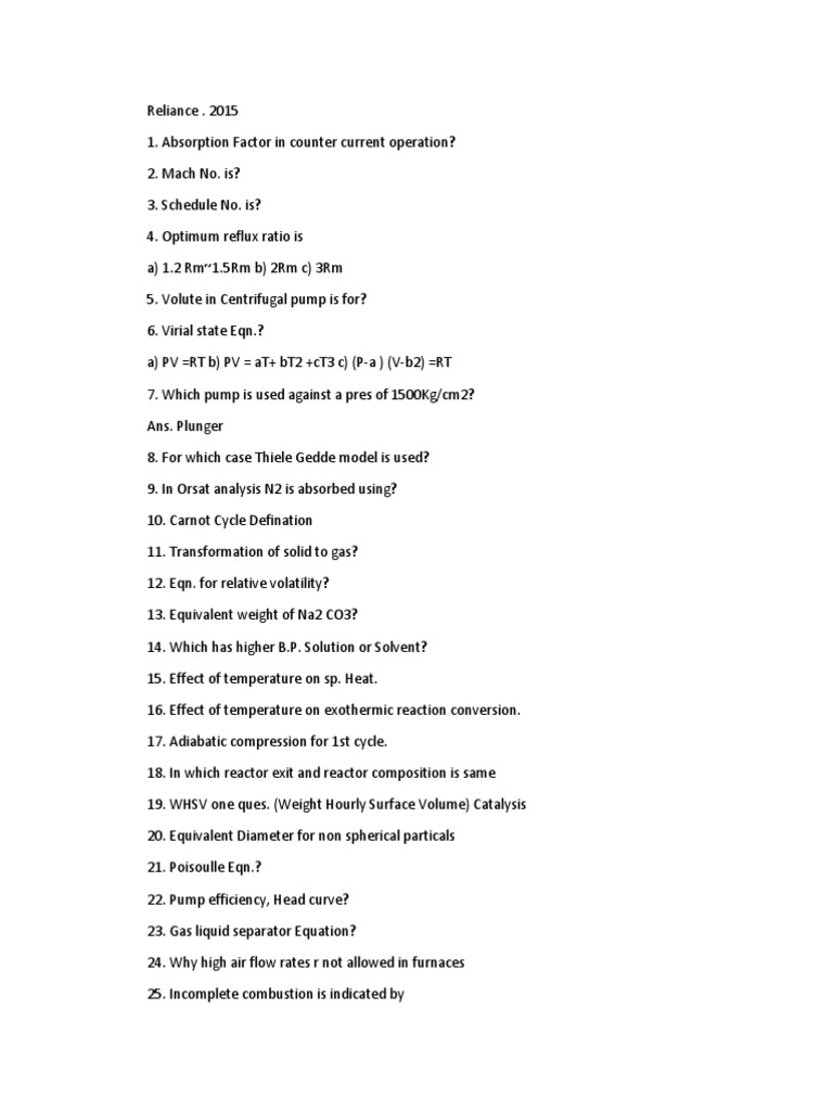 Reliance 2015 Placement Test Paper | PDF | Pump | Chemical Reactor