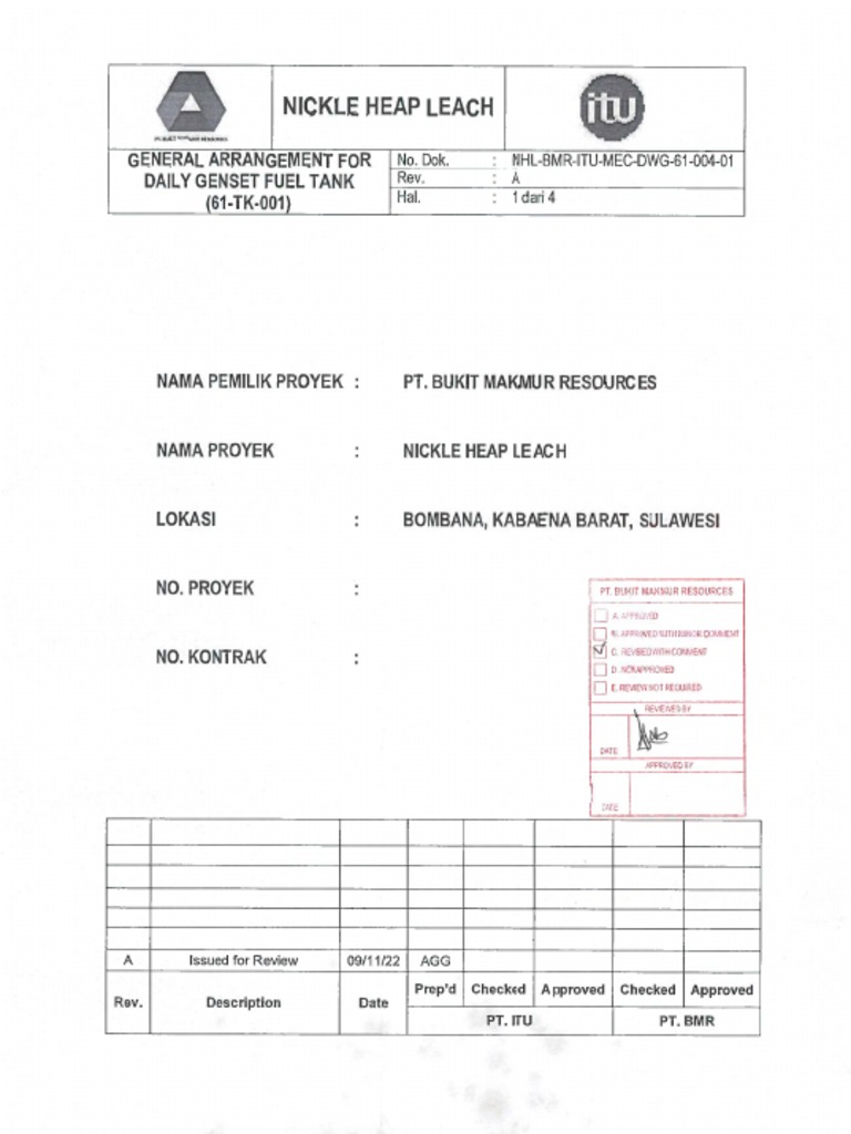 NHL-BMR-ITU-MEC-DWG-61-004-01 General Arrangement For Daily Genset Fuel Tank 40 KL | PDF