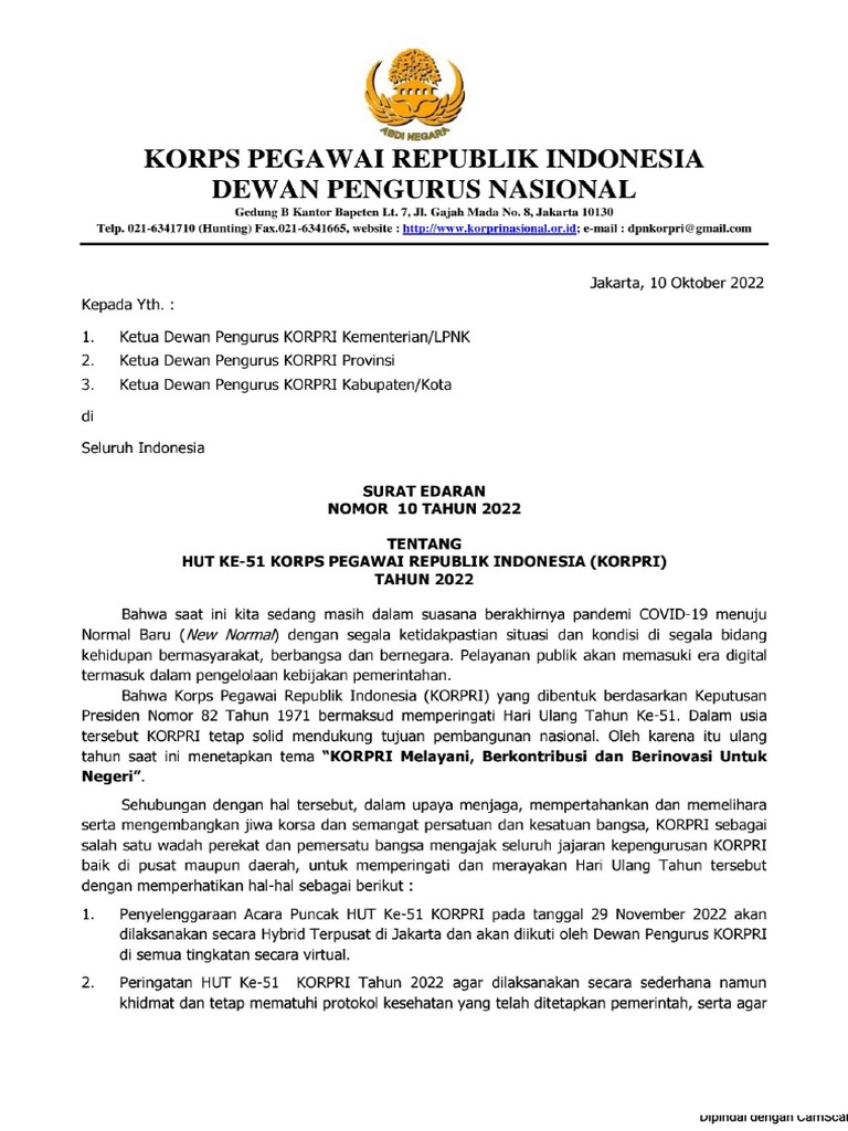 Surat Edaran Korpri 51 Tahun | PDF