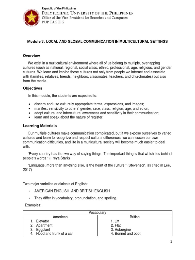 Module 3local and Global Communication in Multicultural Settings | PDF | English Language ...