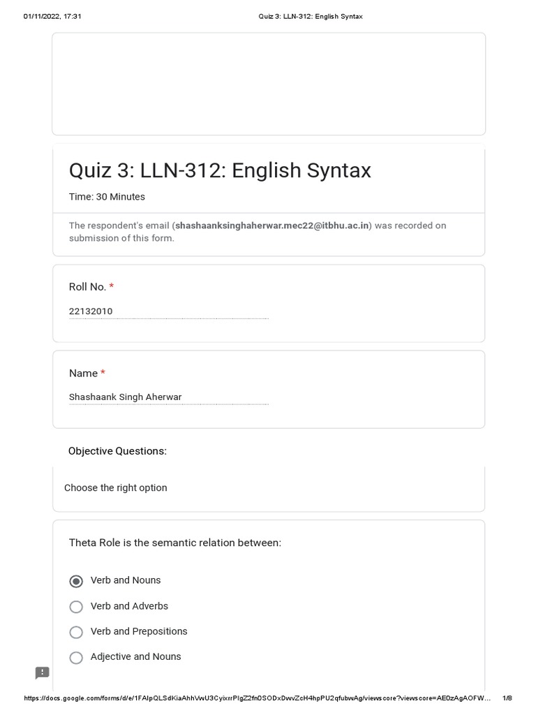 Quiz 3 - LLN-312 - English Syntax | PDF | English Grammar | English Language