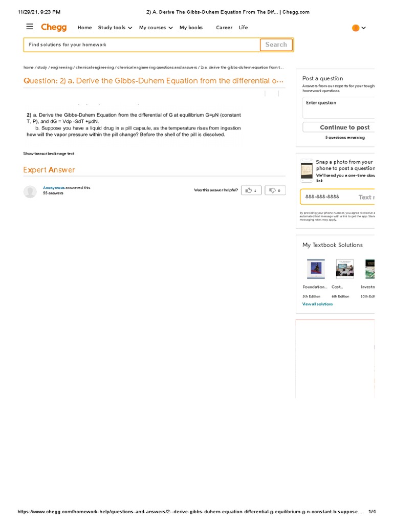 2 A Derive The Gibbs Duhem Equation From The Dif Chegg Com | PDF ...