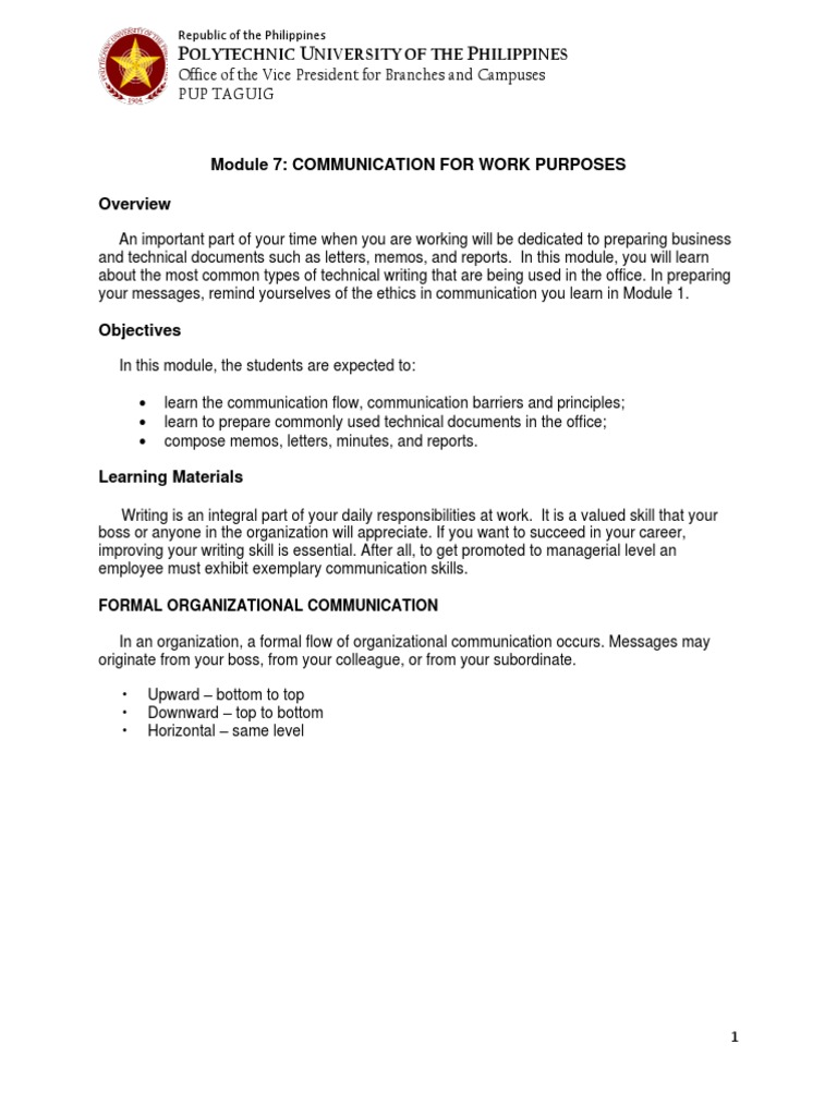 Module 7 Communication For Work Purposes | PDF | Memorandum | Budget