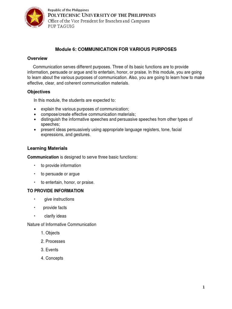 Module 6 Communication For Various Purposes | PDF | Public Speaking ...