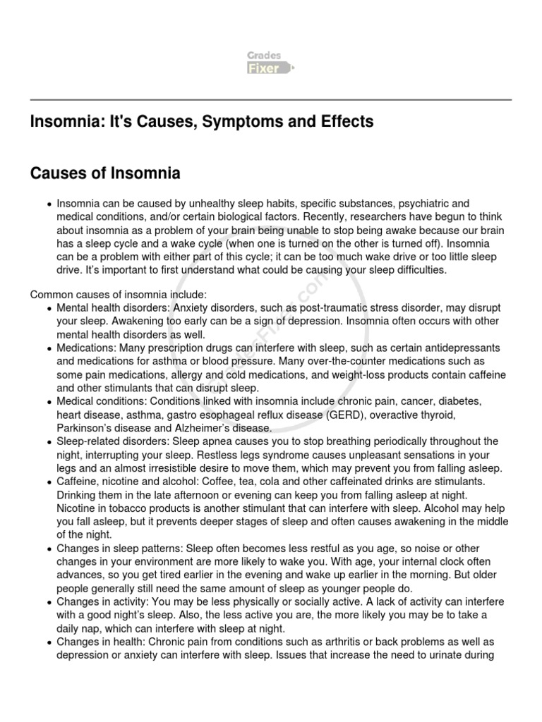 Insomnia Its Causes Symptoms And Effects Pdf Sleep Insomnia