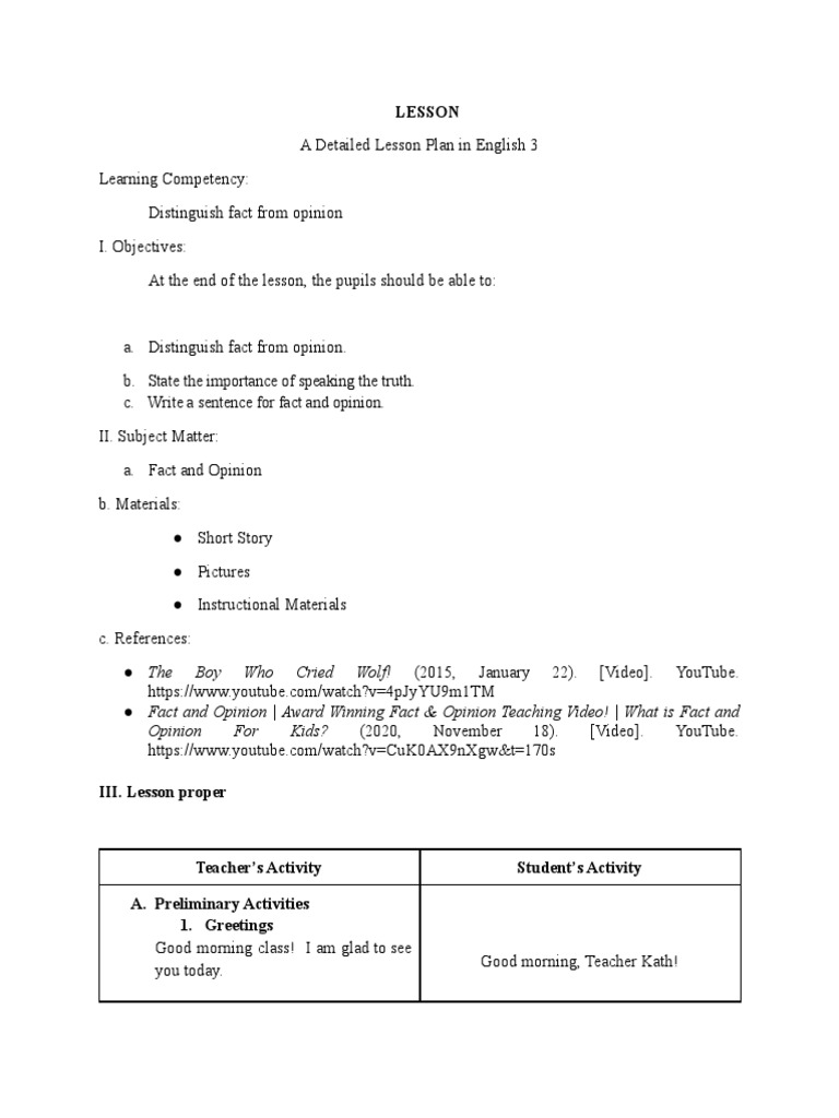 Grade 3 Fact and Opinion Lesson Plan | PDF | Truth | Lesson Plan