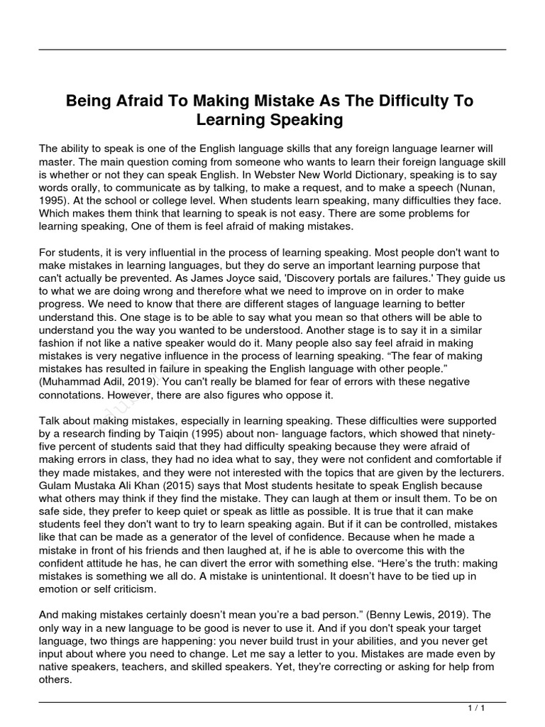 Being Afraid To Making Mistake As The Difficulty To Learning Speaking ...