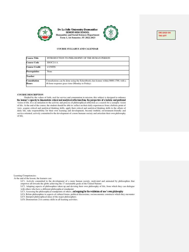 Introduction To Philosophy Syllabus-2022-2023-Shs | PDF | Learning | Truth