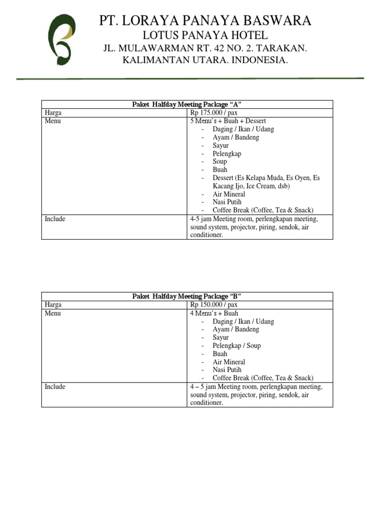 Price List Paket Meeting Hotel Lotus Panaya2 | PDF | Nutrition | Diet & Nutrition