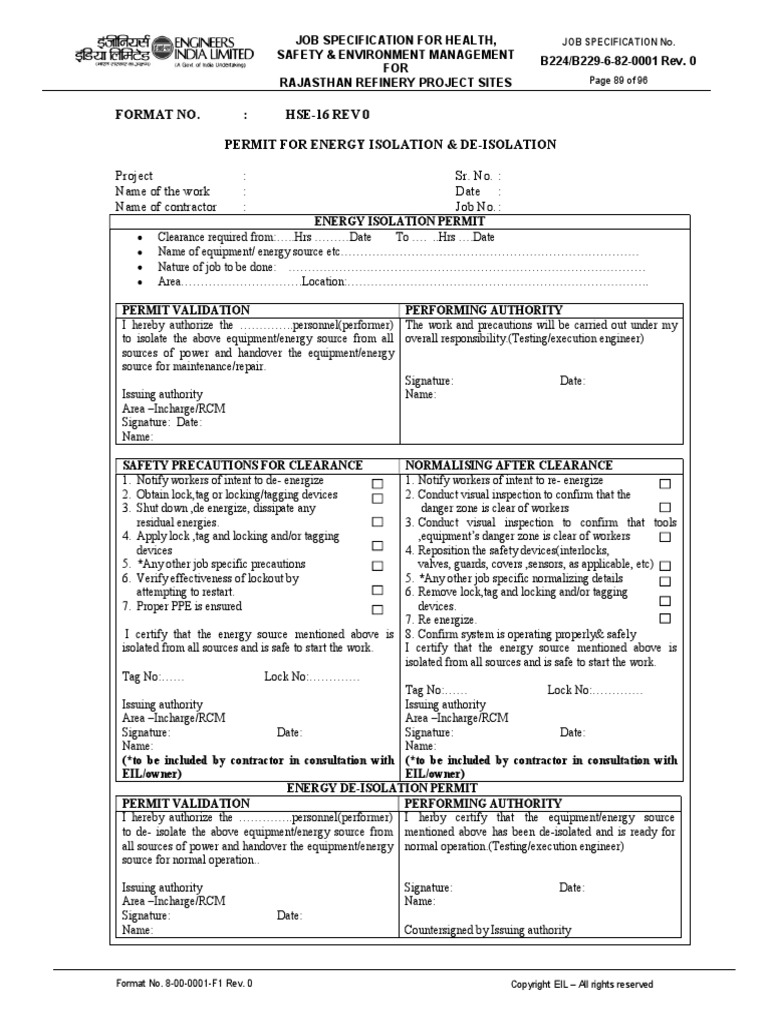 Eil Permit For Energy Isolation & De-Isolation | PDF | Safety
