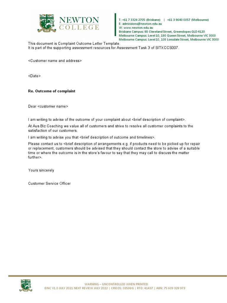 Complaint Outcome Letter Template | PDF
