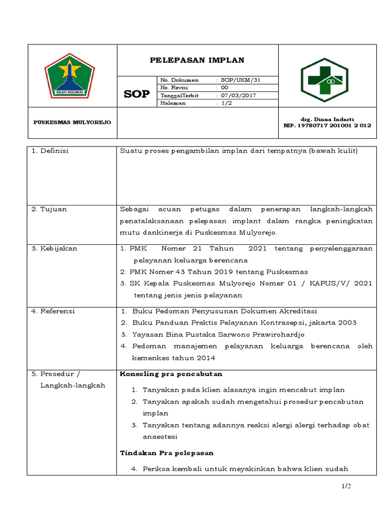 Sop KB - 05 Pelepasan Implant | PDF | Kesehatan Holistik | Sains & Matematika