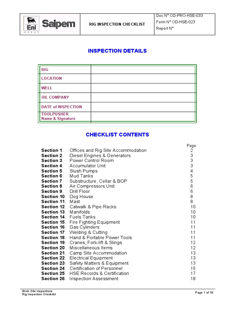 Rig Inspection Checklist | PDF | Valve | Ac Power Plugs And Sockets