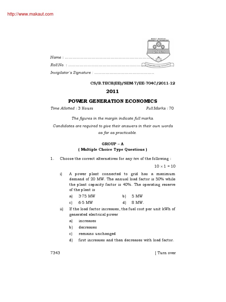 Btech Ee 7 Sem Power Generation Economics 2011 | PDF | Power Station ...