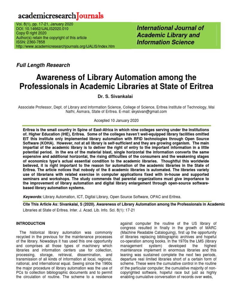 2020 Awareness Of Library Automation Among The Pdf Libraries Library Computing