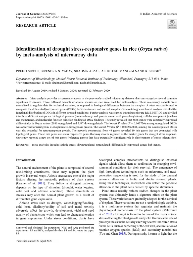 Identification of Drought Stress-Responsive Genes in Rice (Oryza Sativa) by Meta-Analysis of ...