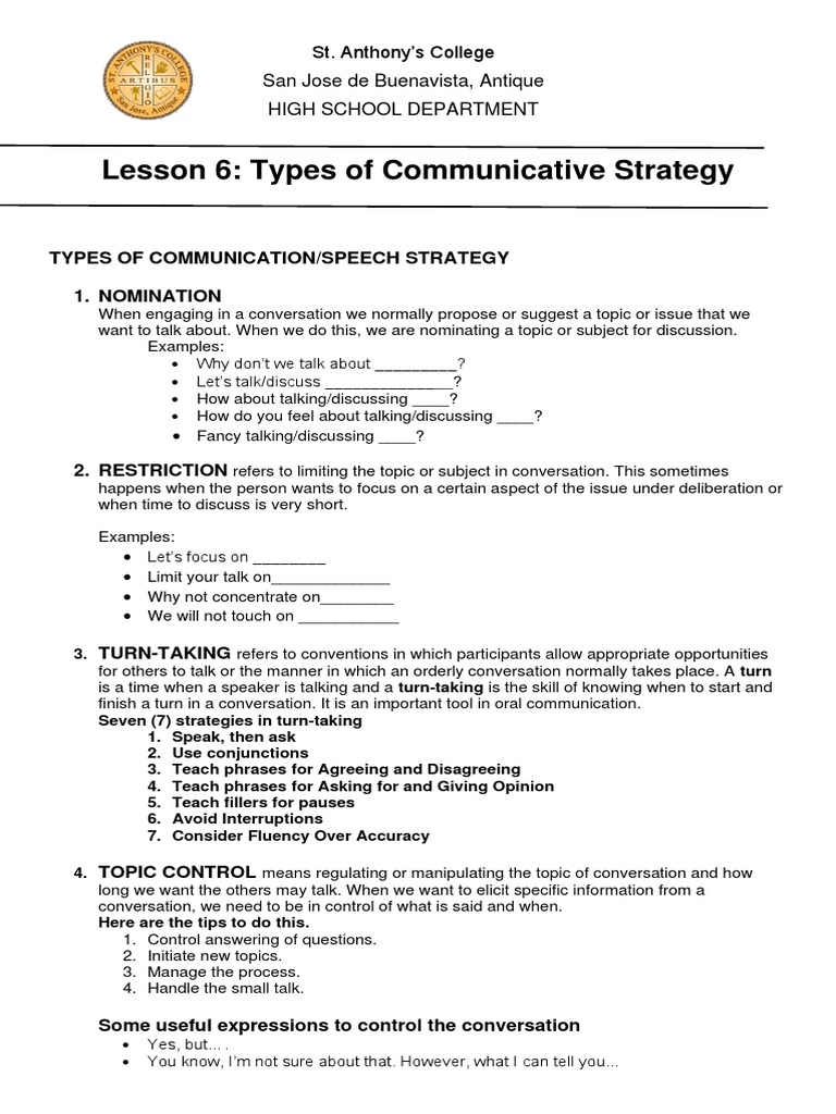 Handouts - OC Week 10 - Types of Communicative Strategy | PDF