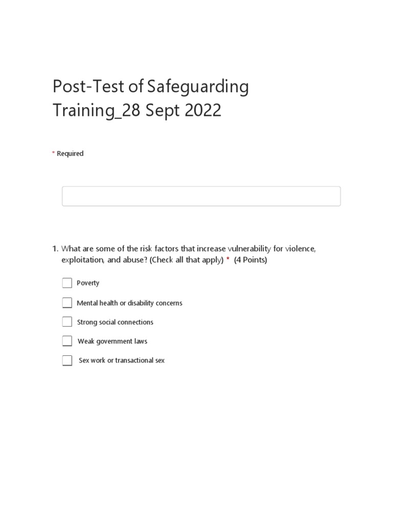 3-Post-Test of Safeguarding Training | PDF | Social Science