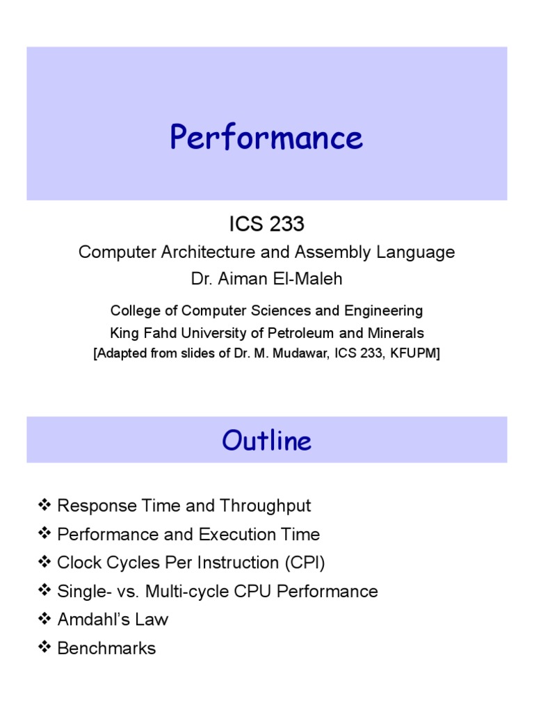 Performance: Computer Architecture and Assembly Language Dr. Aiman El-Maleh | PDF | Central ...