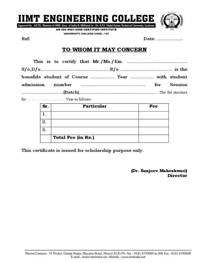 IIMT Engg Coll Fee Stucture & Bonafide Formate | PDF