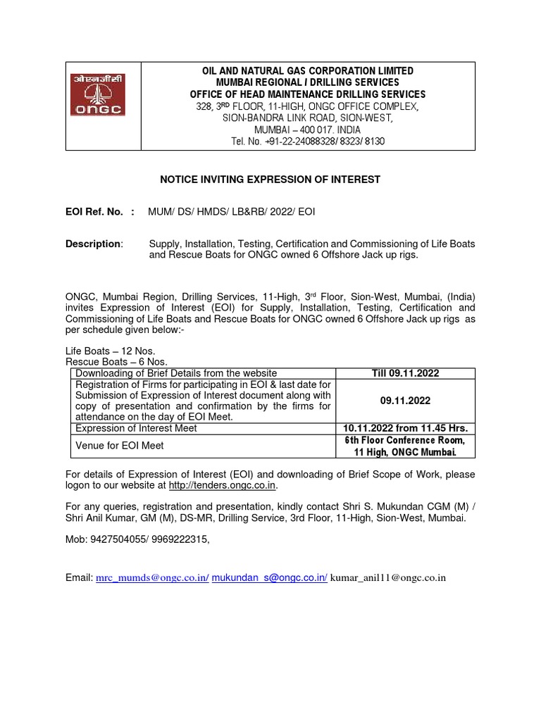 Notice Inviting EOI - LB&RB - 221105 - 141901 | Download Free PDF | Power Supply | Drilling Rig