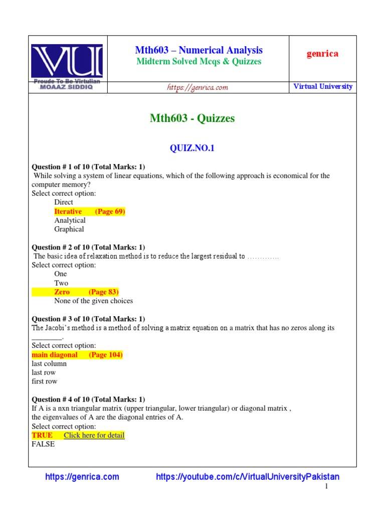 MTH603 - Midterm Solved Mcqs and Quizes by moaaz | PDF | Matrix (Mathematics) | Eigenvalues And ...