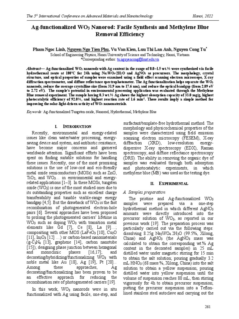 Ag-Functionalized WO3 Nanorod Facile Synthesis and Methylene | PDF | Adsorption | X Ray ...
