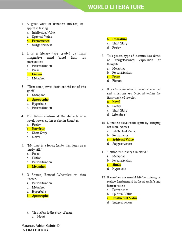 WORLD LIT - Prelim Questions | PDF | Trojan War | Agamemnon