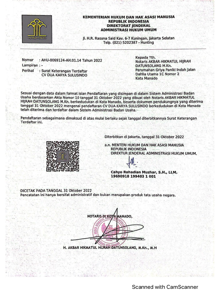 SK Pendirian CV. Dua Karya Sulusindo | PDF