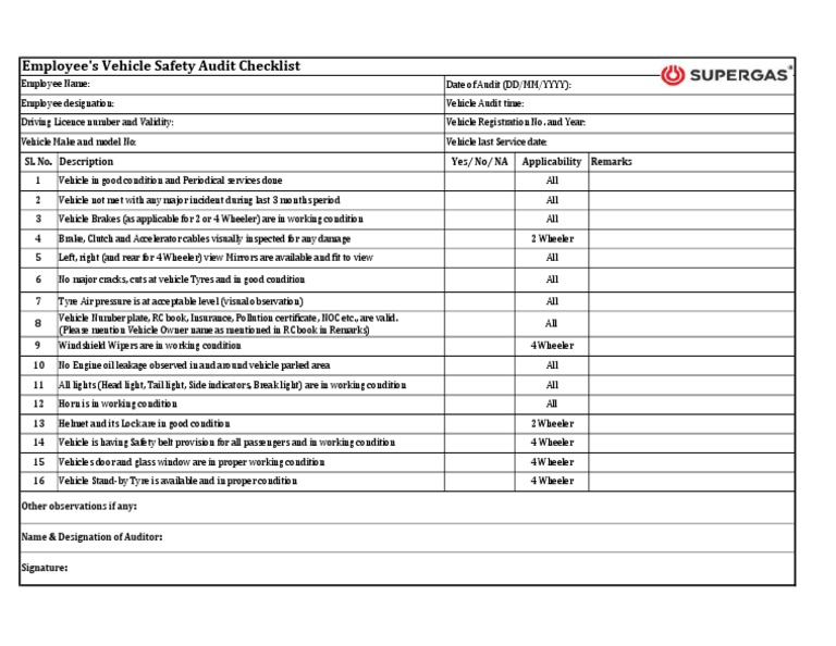 Vehicle Safety Audit Checklist - Technical | Download Free PDF ...