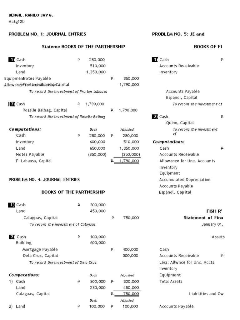 Partnership Investment Journal Entries | PDF | Equity (Finance ...