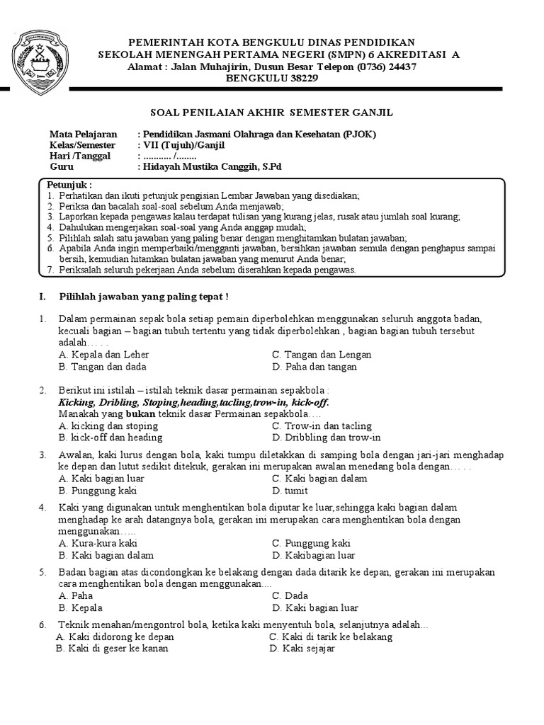 Soal PAS PJOK Kelas 7 2022 | PDF