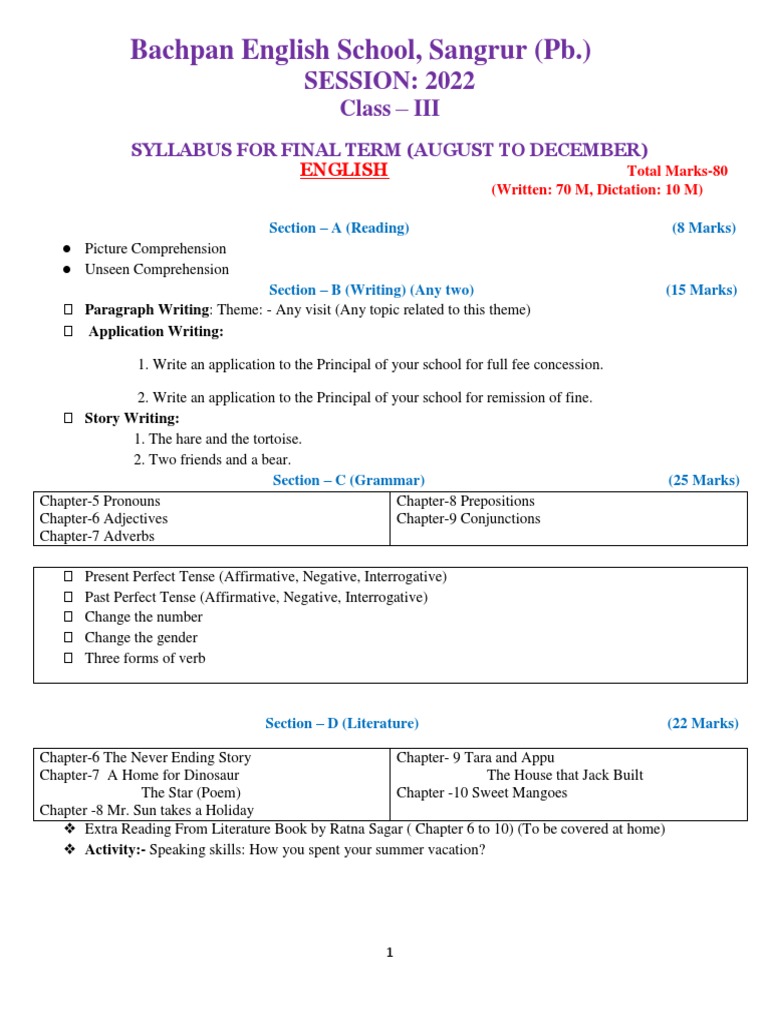 Final Term Syllabus of Class-III | PDF | English Language | Human ...