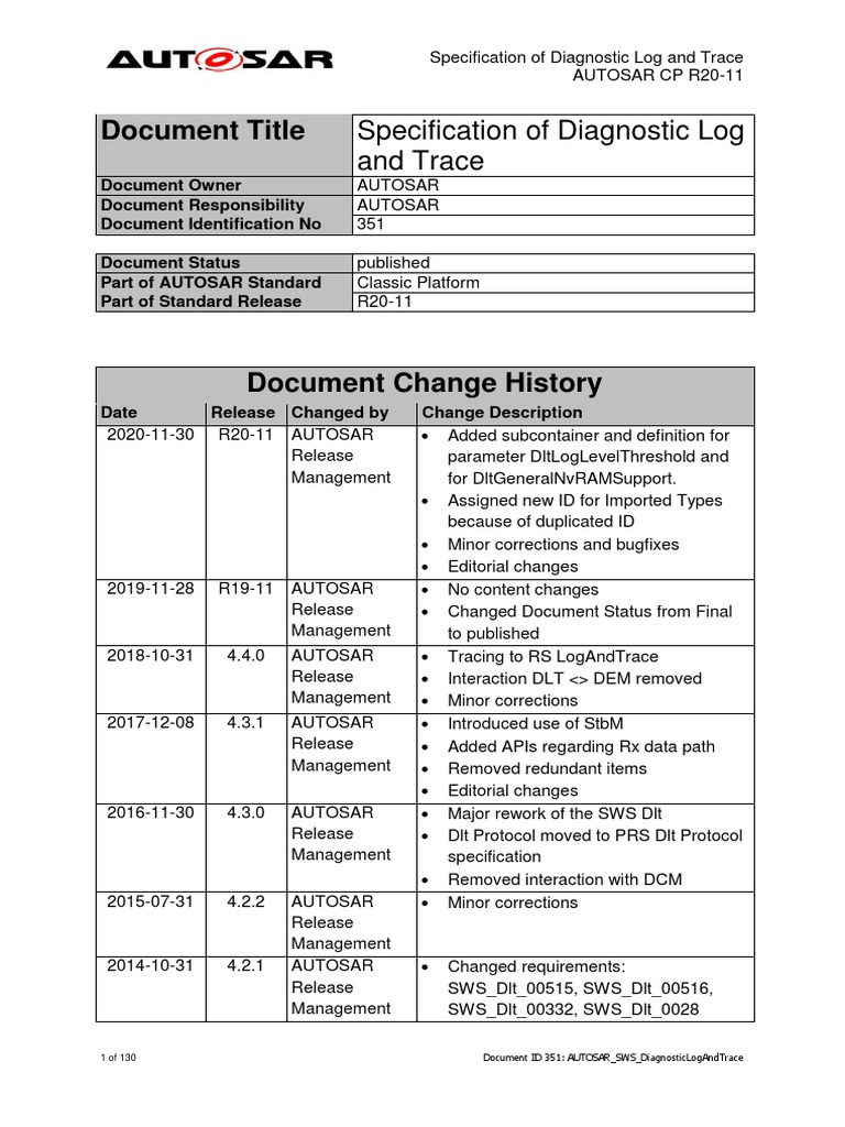 AUTOSAR SWS DiagnosticLogAndTrace | Download Free PDF | Specification (Technical Standard ...