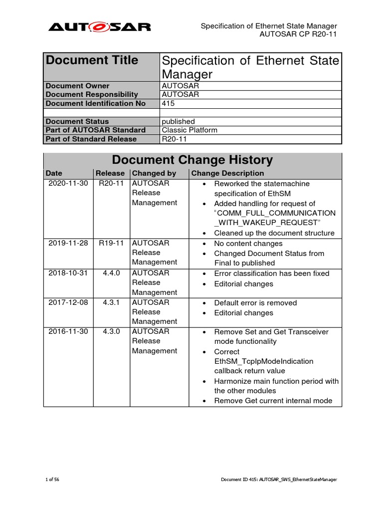 AUTOSAR SWS EthernetStateManager | PDF | Computer Network | Ethernet