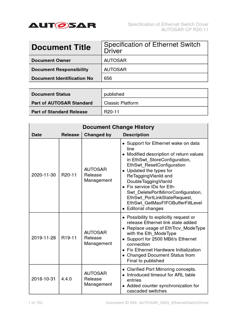 AUTOSAR SWS EthernetSwitchDriver | PDF | Ethernet | Network Switch
