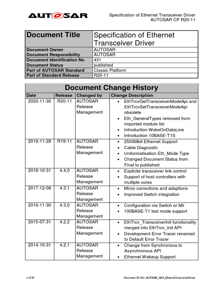 Autosar Sws Ethernettransceiverdriver Pdf Device Driver Ethernet