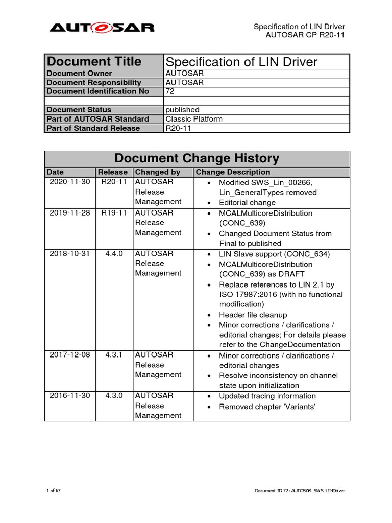Autosar Sws Lindriver Pdf Specification Technical Standard Subroutine
