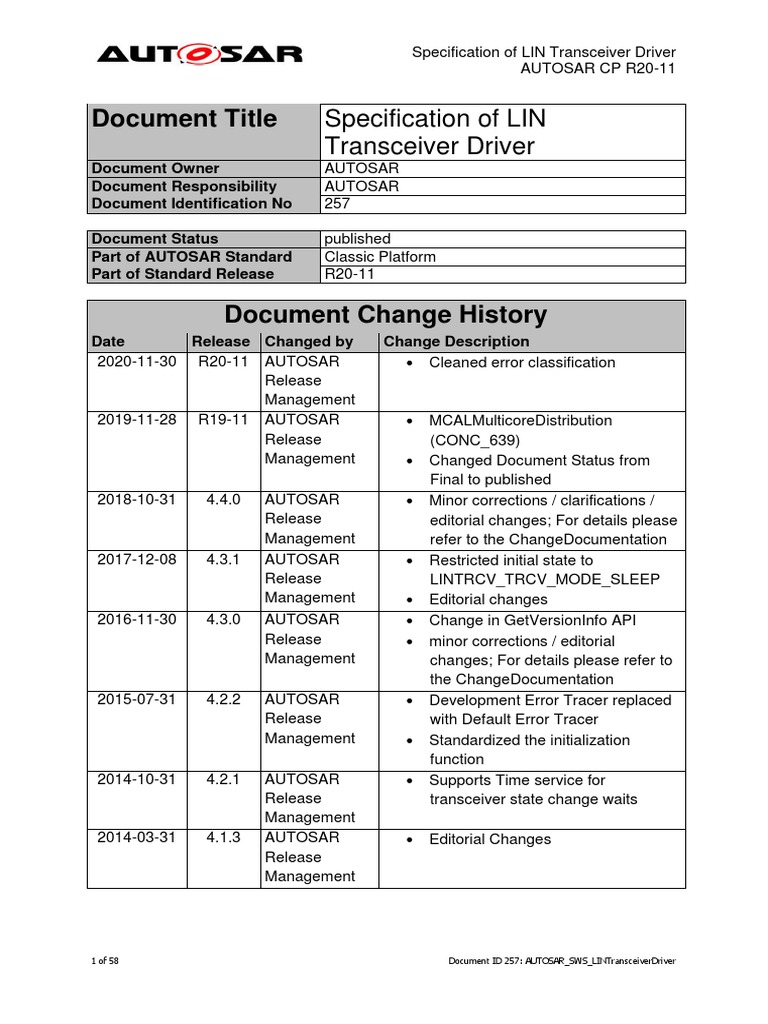 AUTOSAR SWS LINTransceiverDriver | PDF | Device Driver | Microcontroller