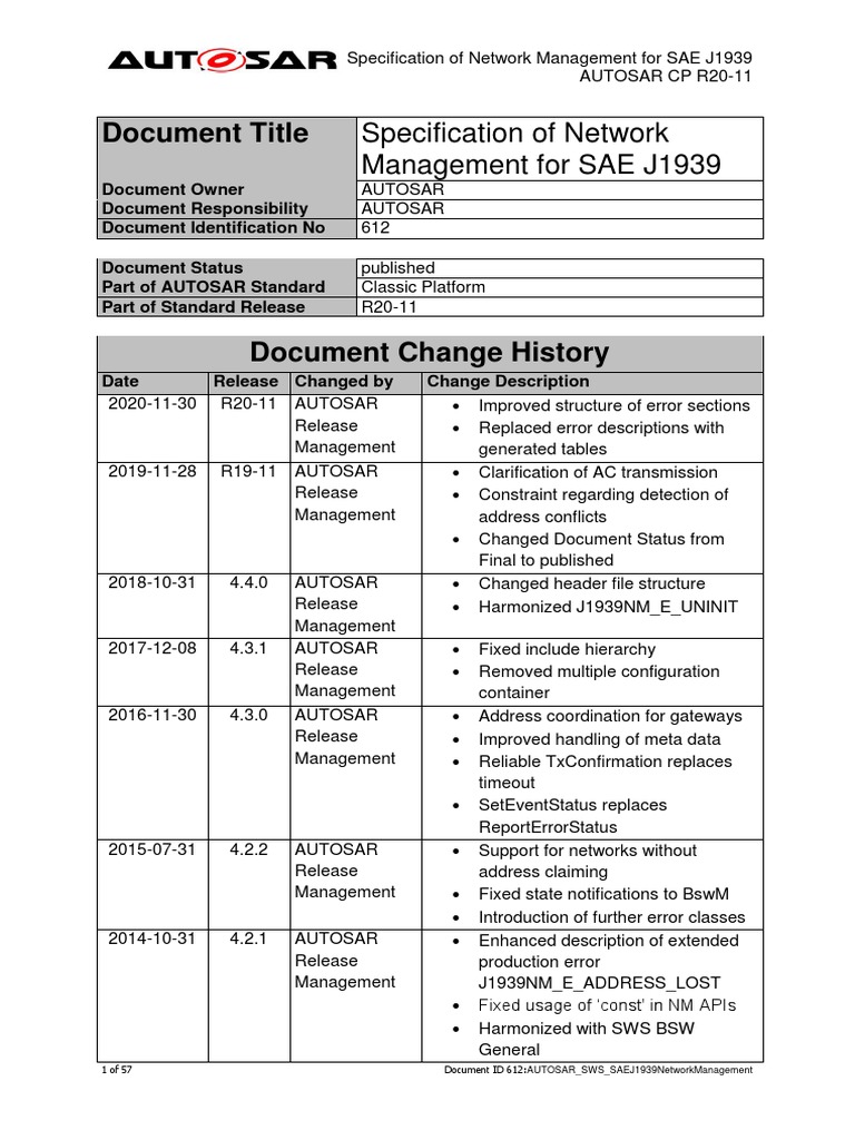 Autosar Sws Saej1939networkmanagement | PDF | Specification (Technical ...