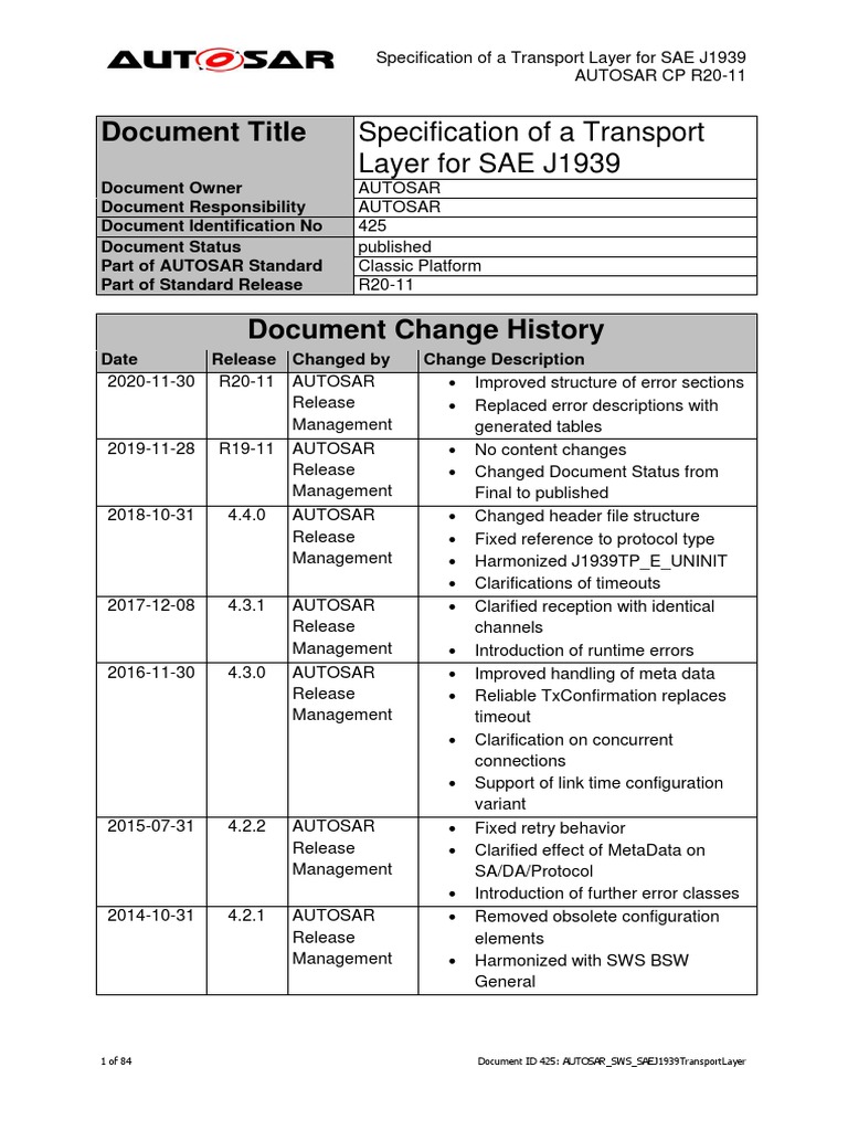 Autosar Sws Saej1939transportlayer | PDF | Osi Model | Specification ...