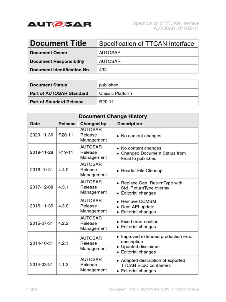 Autosar Sws Ttcaninterface Pdf Specification Technical Standard