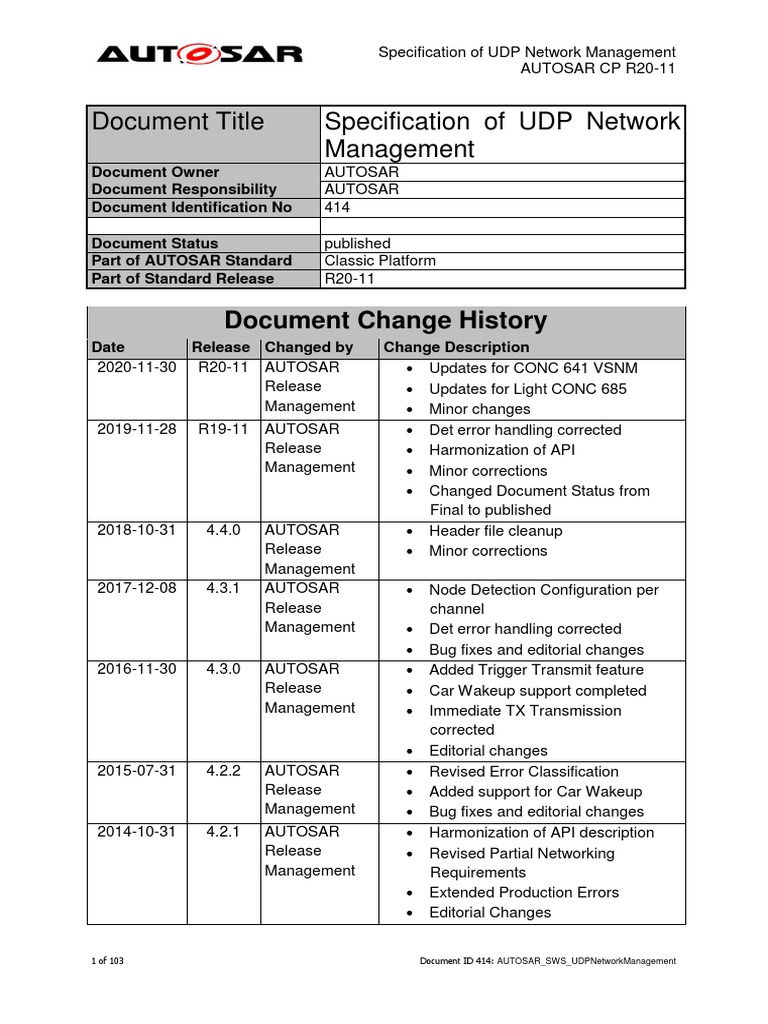 Autosar Sws Udpnetworkmanagement Pdf Internet Protocol Suite Computer Network