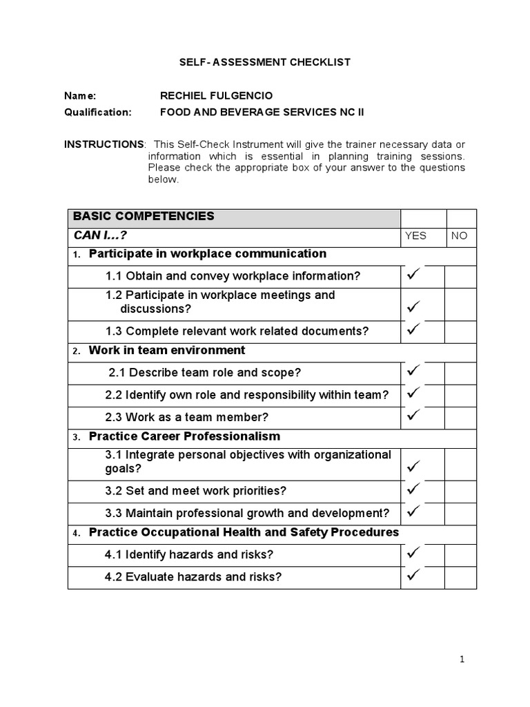 Self Assessment Checklist FBS NC II | PDF | Restaurants | Foodservice