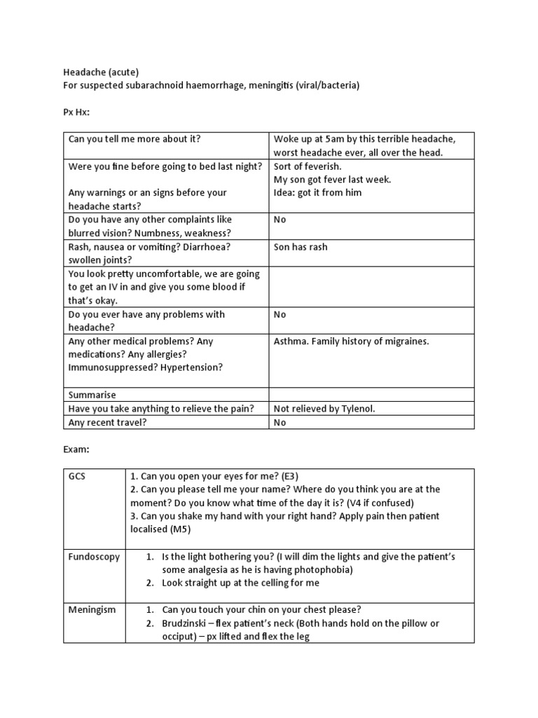 Headache OSCE Examination | PDF | Headache | Anatomical Terms Of Motion